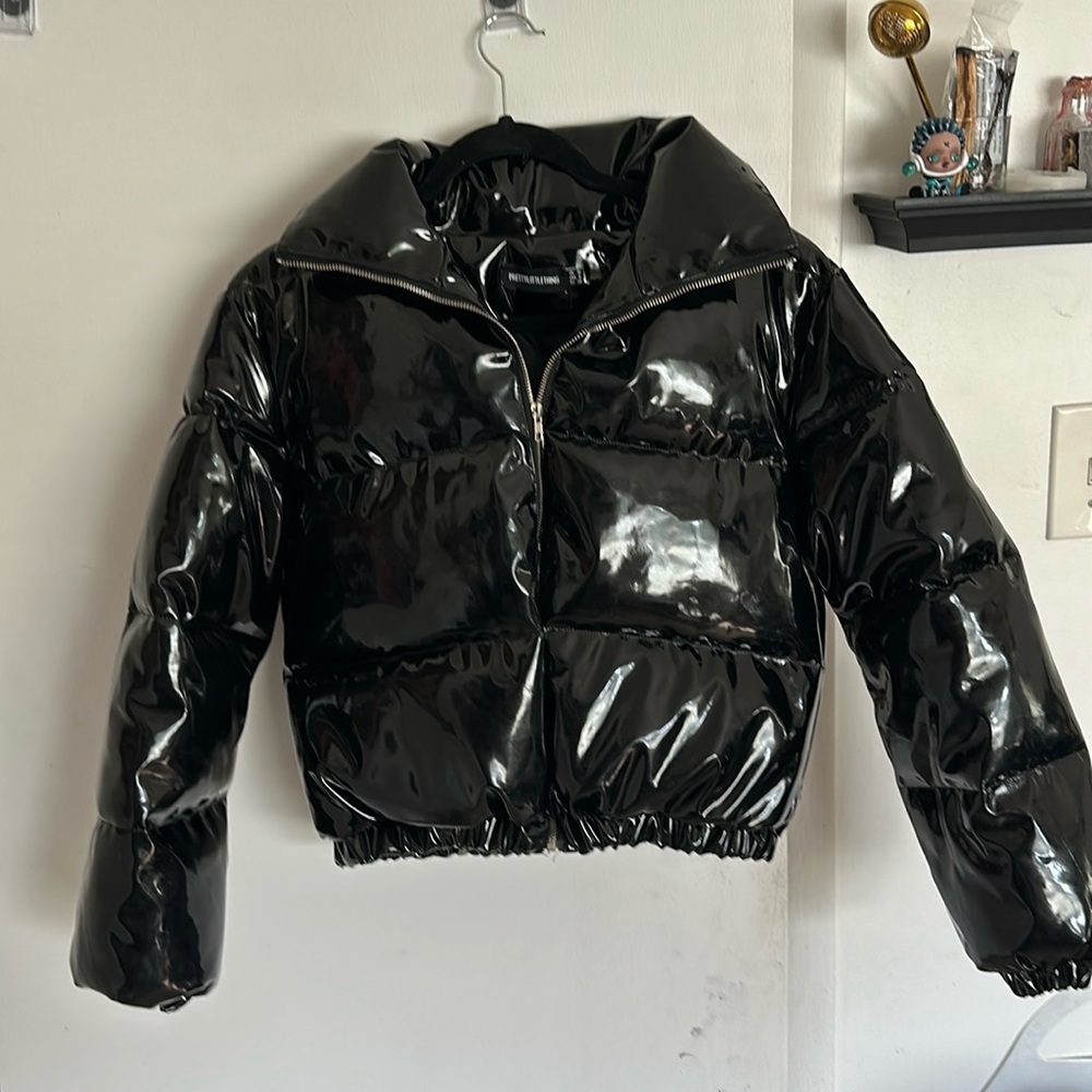 Black Patent Leather Bubble Puffer Coat - Gem